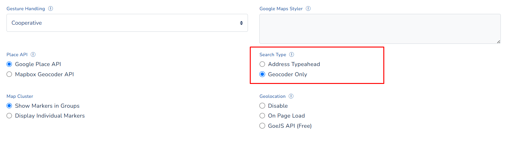 Search Type Options - WP Maps